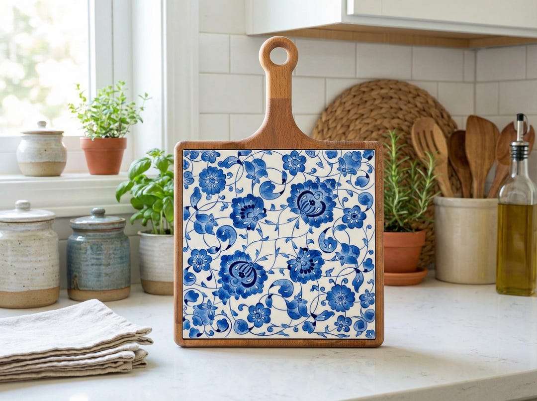 Handmade Lotus Flower Ceramic Tile Cheese Board: Wooden Serving Tray - Etsy