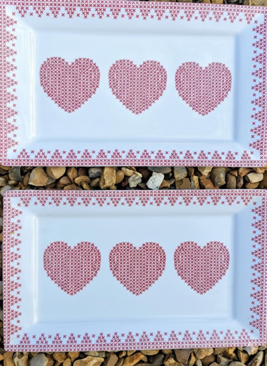 Two Kitsch Cross-stitch Rectangle Dinner Plates: Rustic Red & White ...