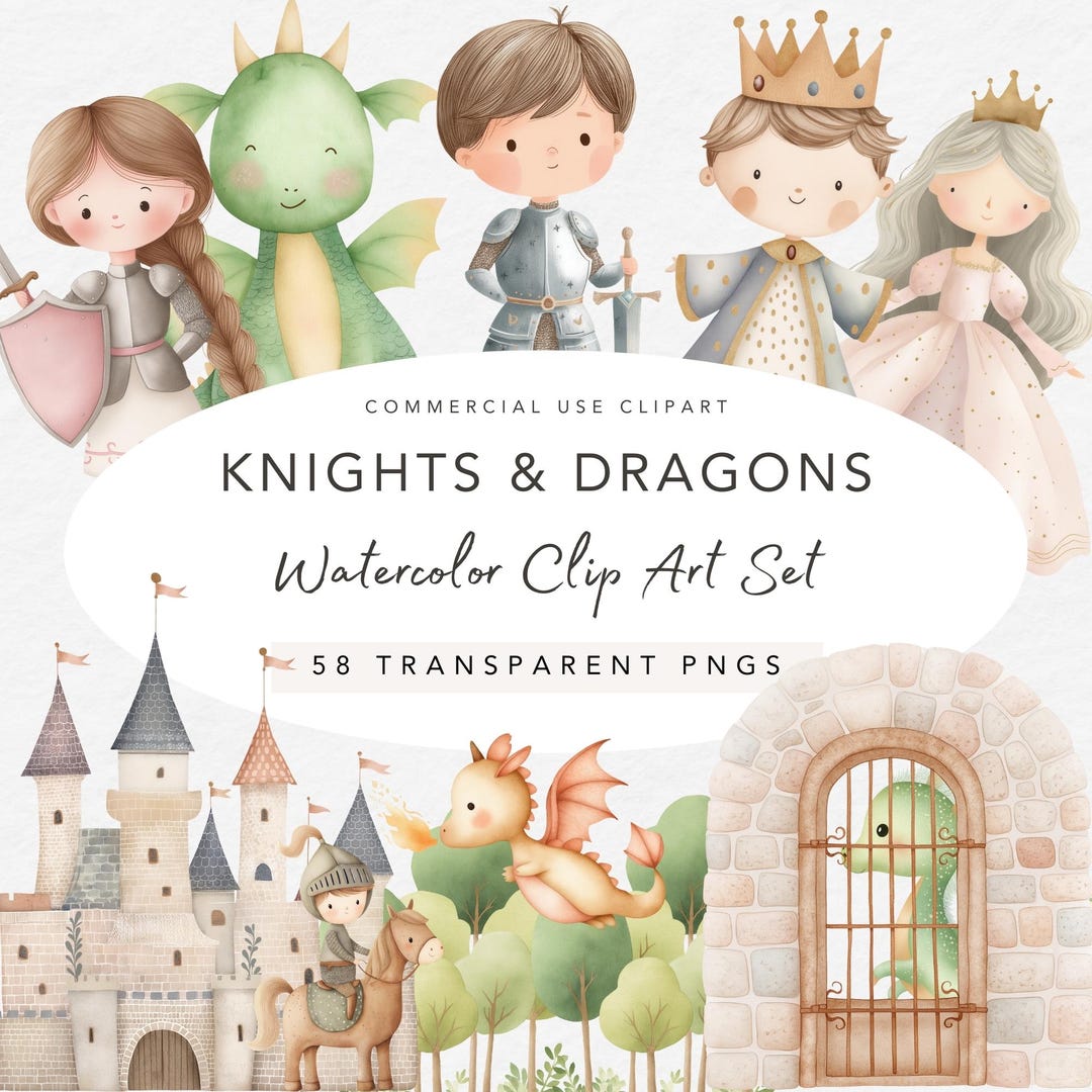 Knights & Dragons Watercolor Clipart Set, Princess, Prince, Dragon ...