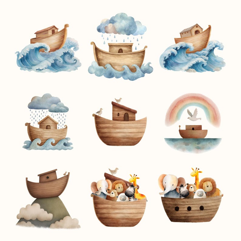 Noah’s Ark Clipart Pack, Watercolor Bible Story Pngs, Christian Sunday ...