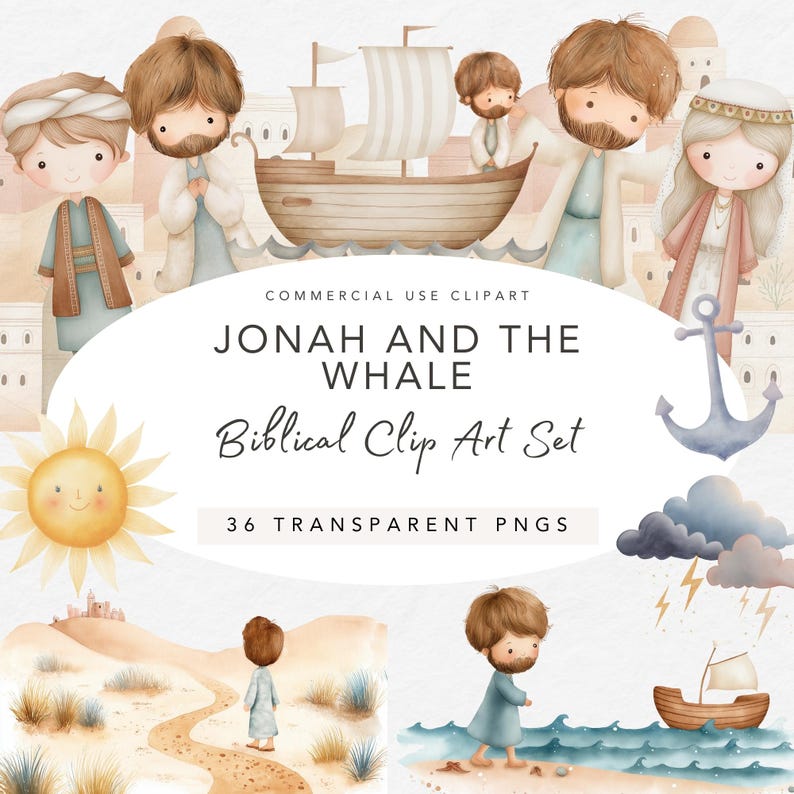 Jonah and the Whale Clipart | Biblical Clip Art Set | Christian Nursery ...