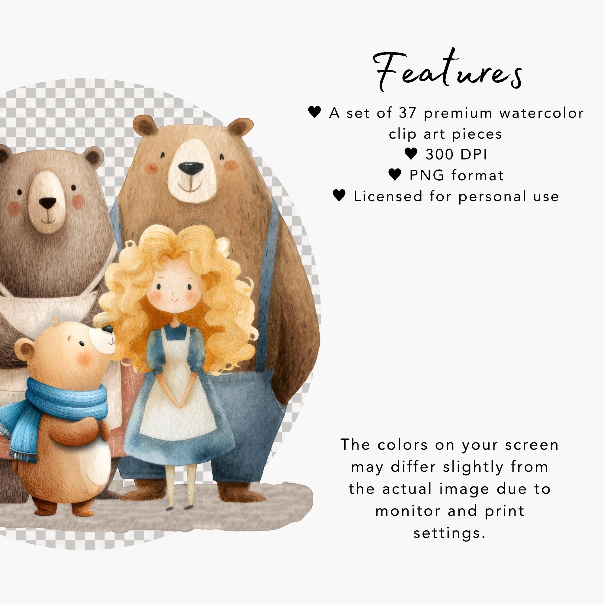 Goldilocks & the Three Bears Watercolor Clipart – Fairytale Nursery ...