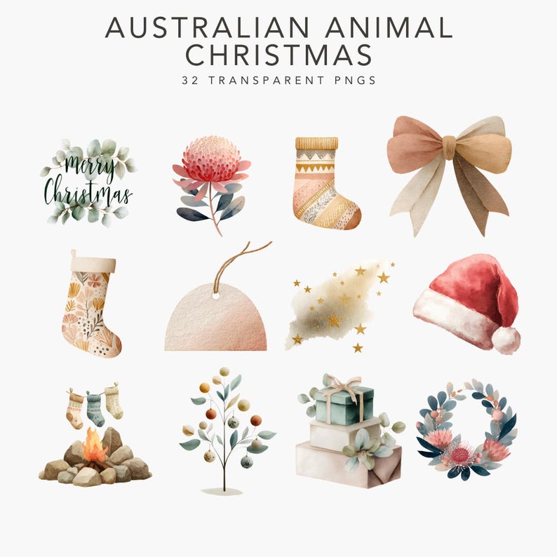 Australian Animals Christmas Clip Art Set | Watercolor Koala Kangaroo ...