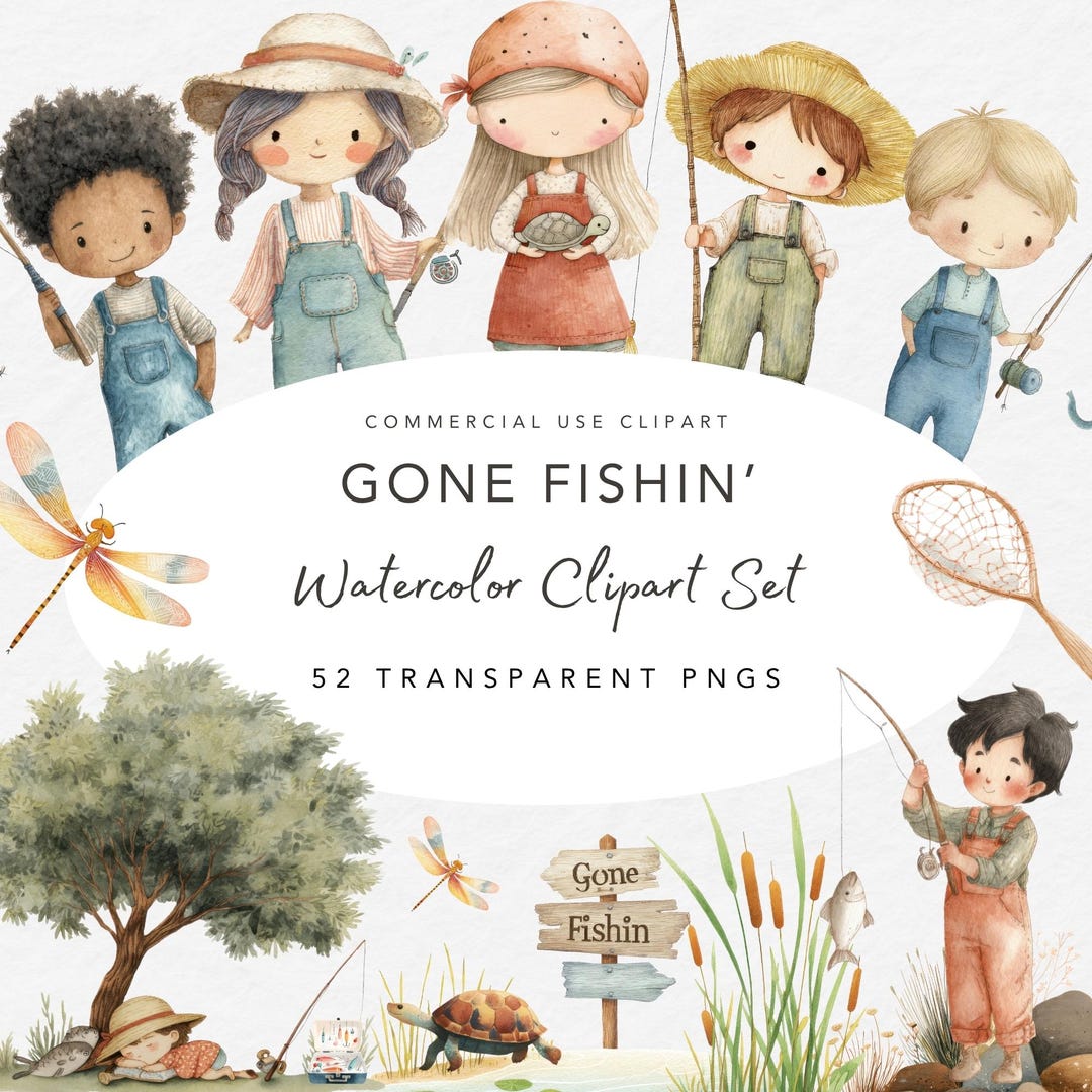 Gone Fishin’ Watercolor Clipart Set | Kids Fishing Pngs | Little ...