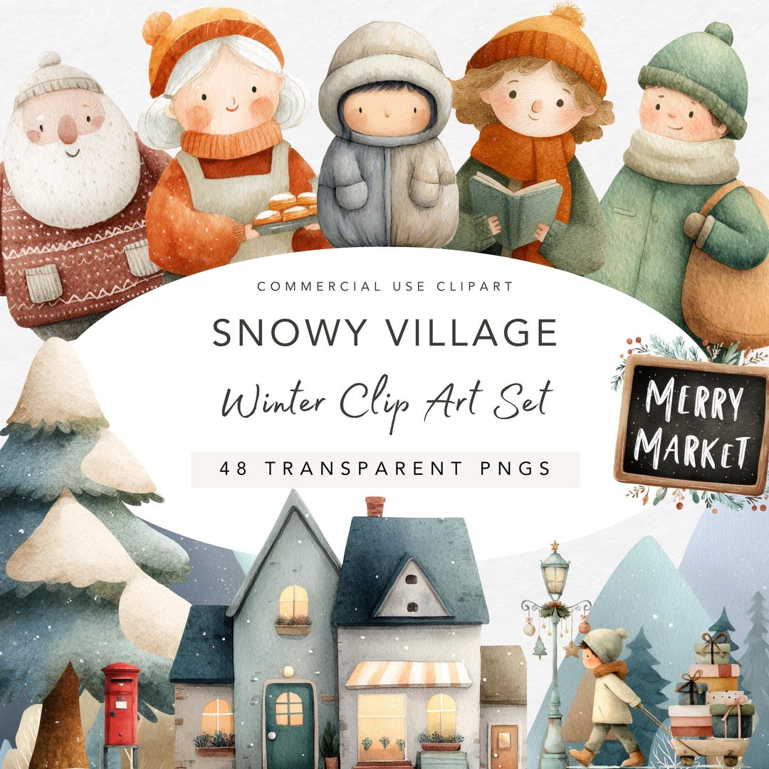 Snowy Village Winter Clip Art Set | 48 Watercolor Pngs | Kids Christmas ...