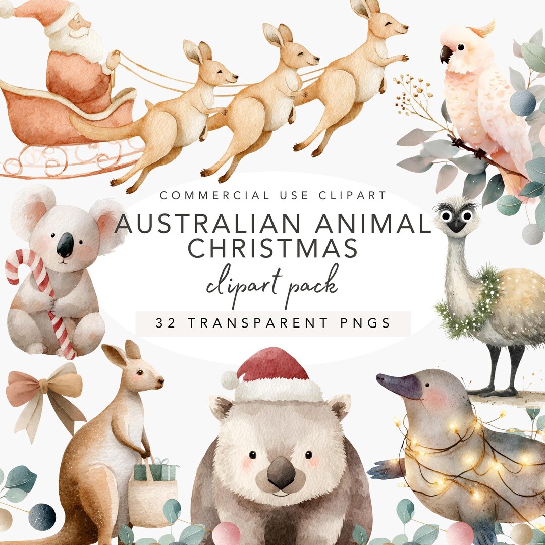 Australian Animals Christmas Clip Art Set | Watercolor Koala Kangaroo ...