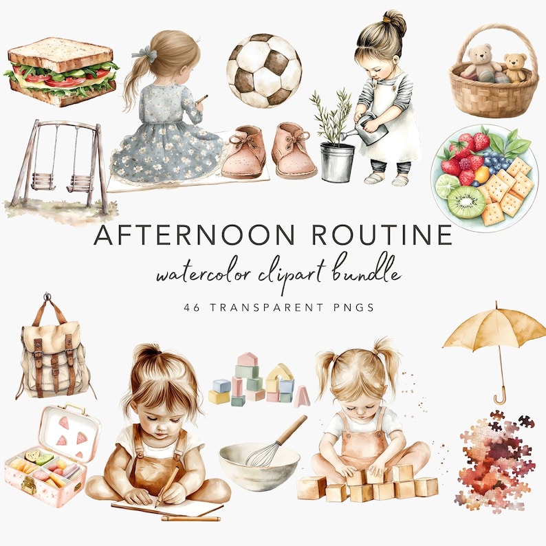 Watercolor Clipart Bundle: Kids Routine, Playtime Graphics (digital ...