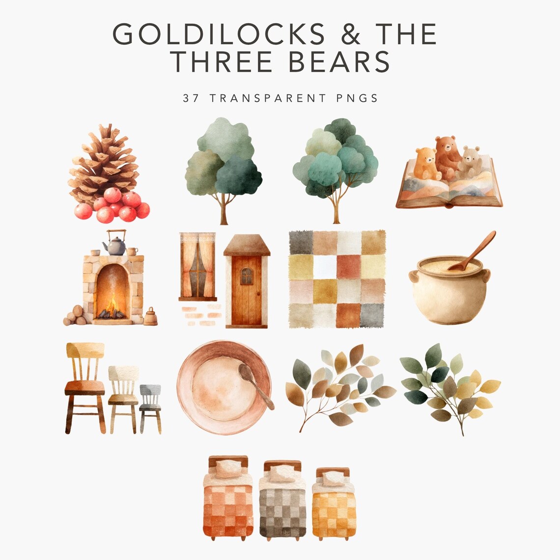 Goldilocks & the Three Bears Watercolor Clipart – Fairytale Nursery ...