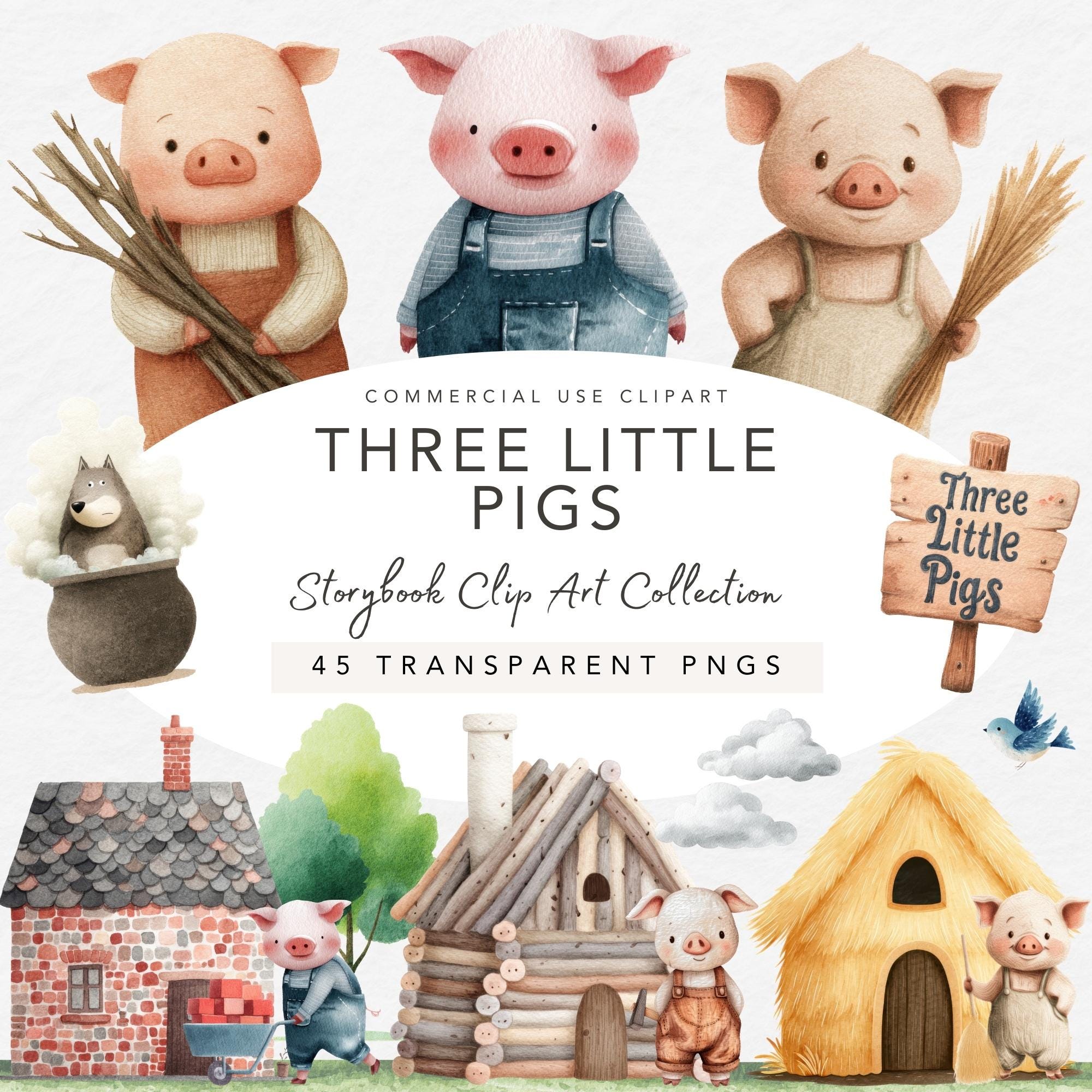 The Three Little Pigs – Watercolor Storybook Clip Art Set | Neutral ...