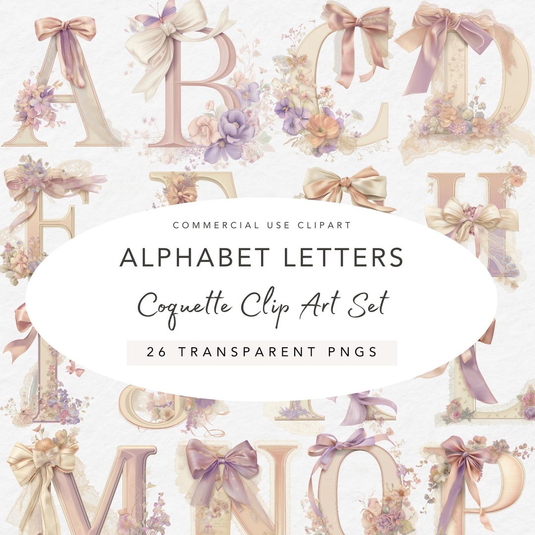Coquette Alphabet Clipart PNG | Floral Bow Letters A–Z | Romantic ...