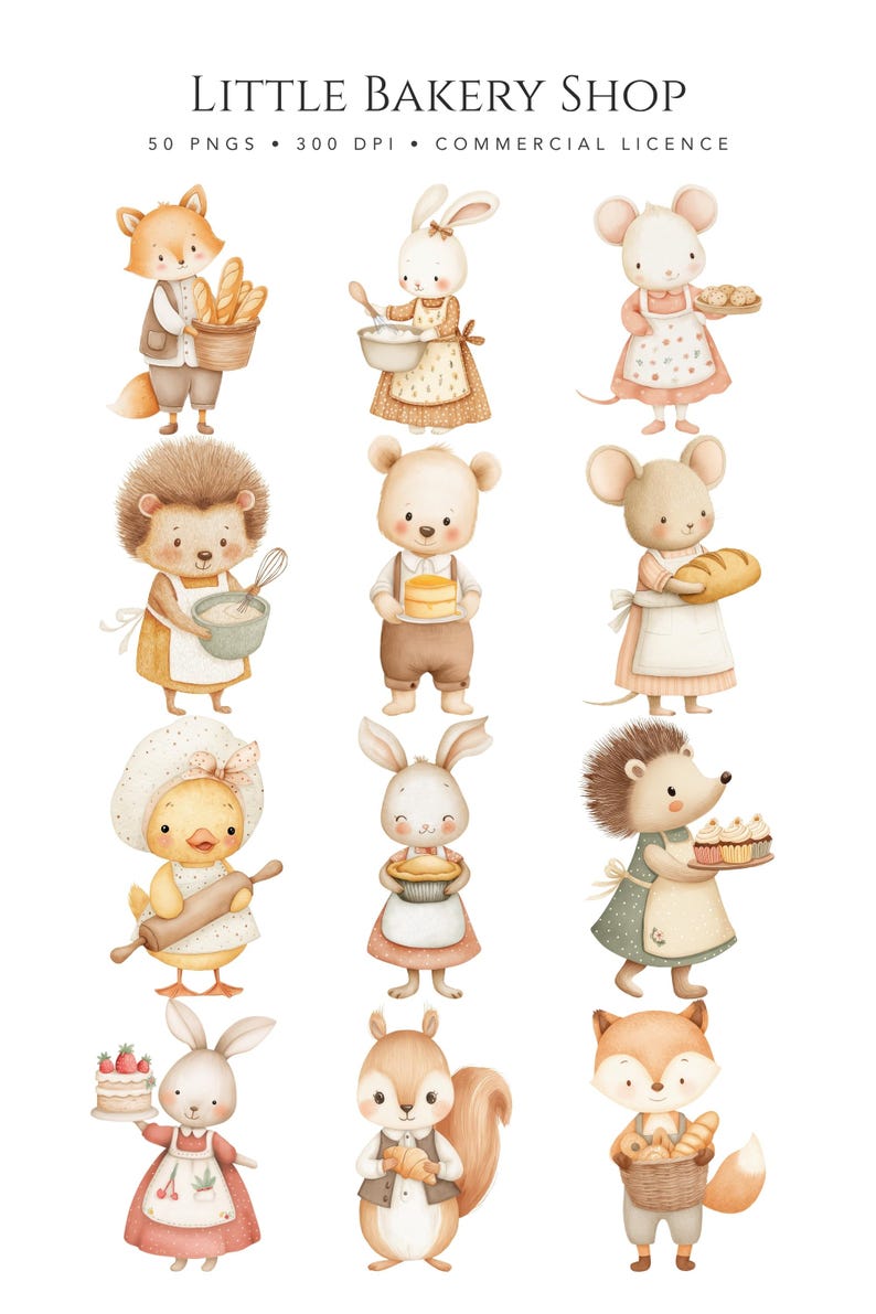 Clipart de animais de padaria, esquilo, coelho, ouriço, pacote de PNGs ...