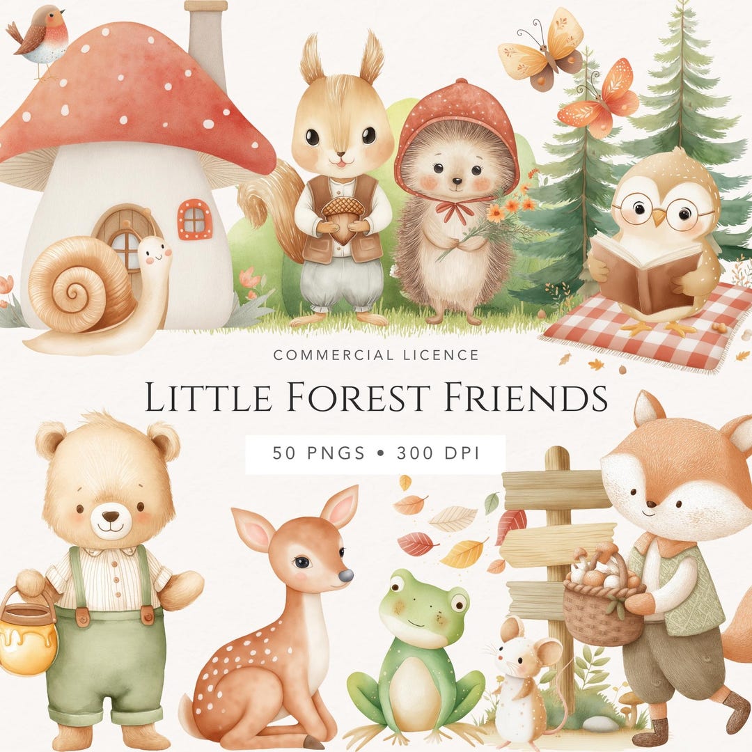 Little Forest Friends Clipart, Woodland Animals Watercolor PNG Set - Etsy