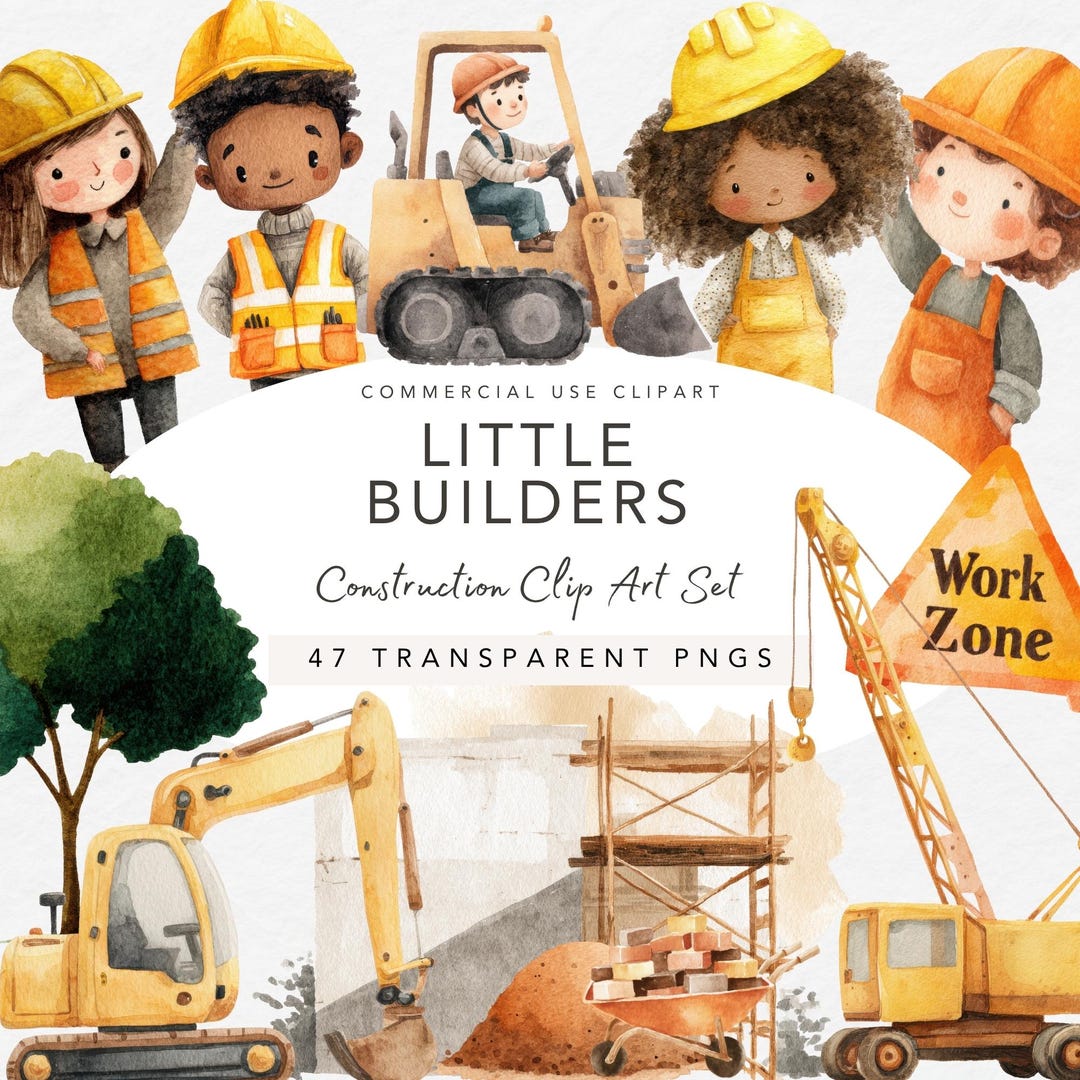 Watercolor Construction Clip Art Set – Cute Builders, Vehicles & Tools ...
