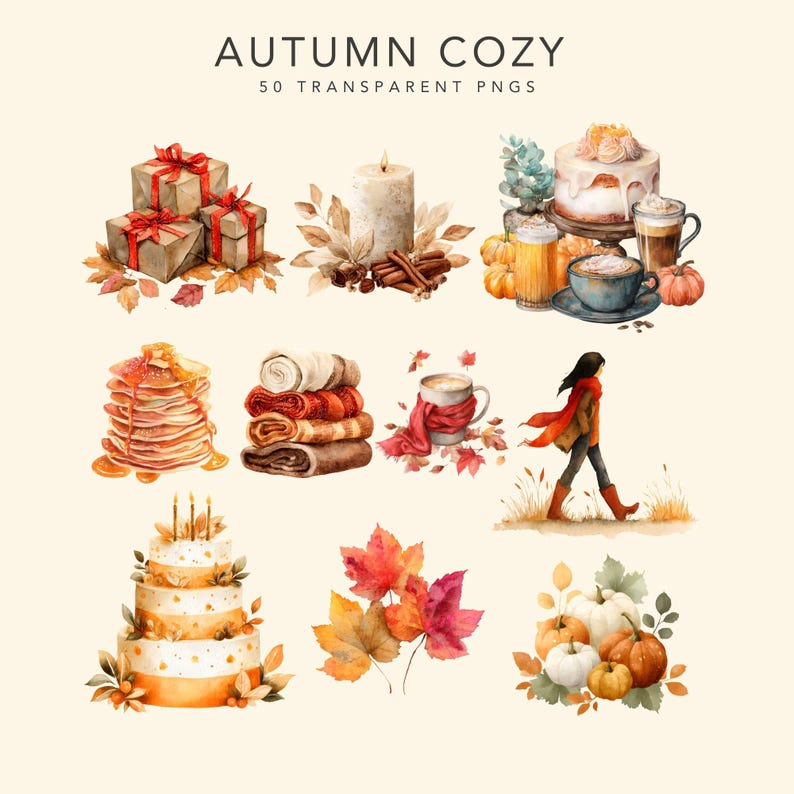Cozy Autumn Watercolor Clipart Bundle: Gazebo, Latte, Pumpkins (digital ...