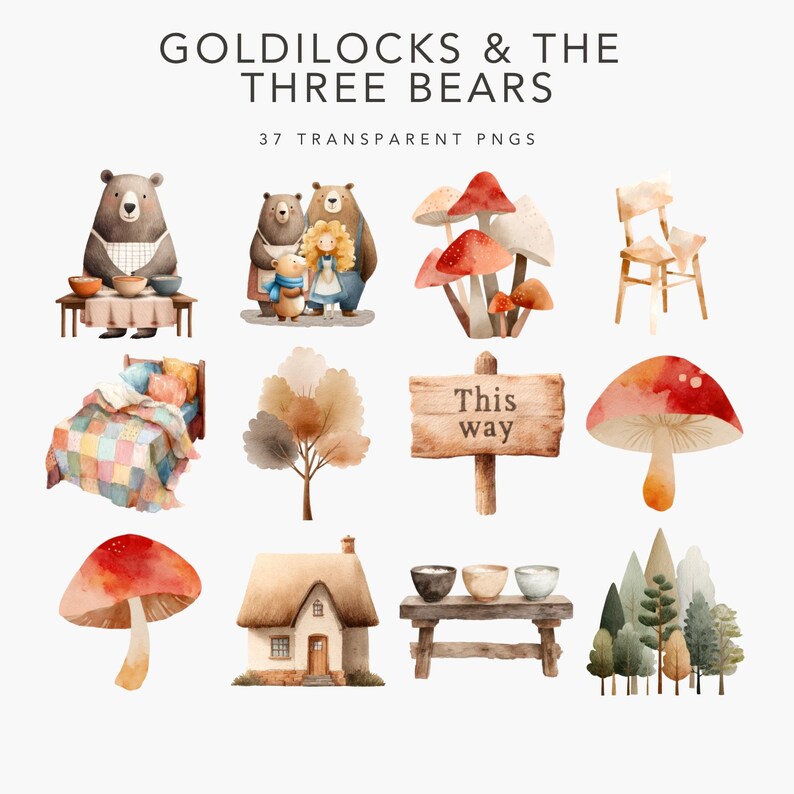 Goldilocks & the Three Bears Watercolor Clipart – Fairytale Nursery ...