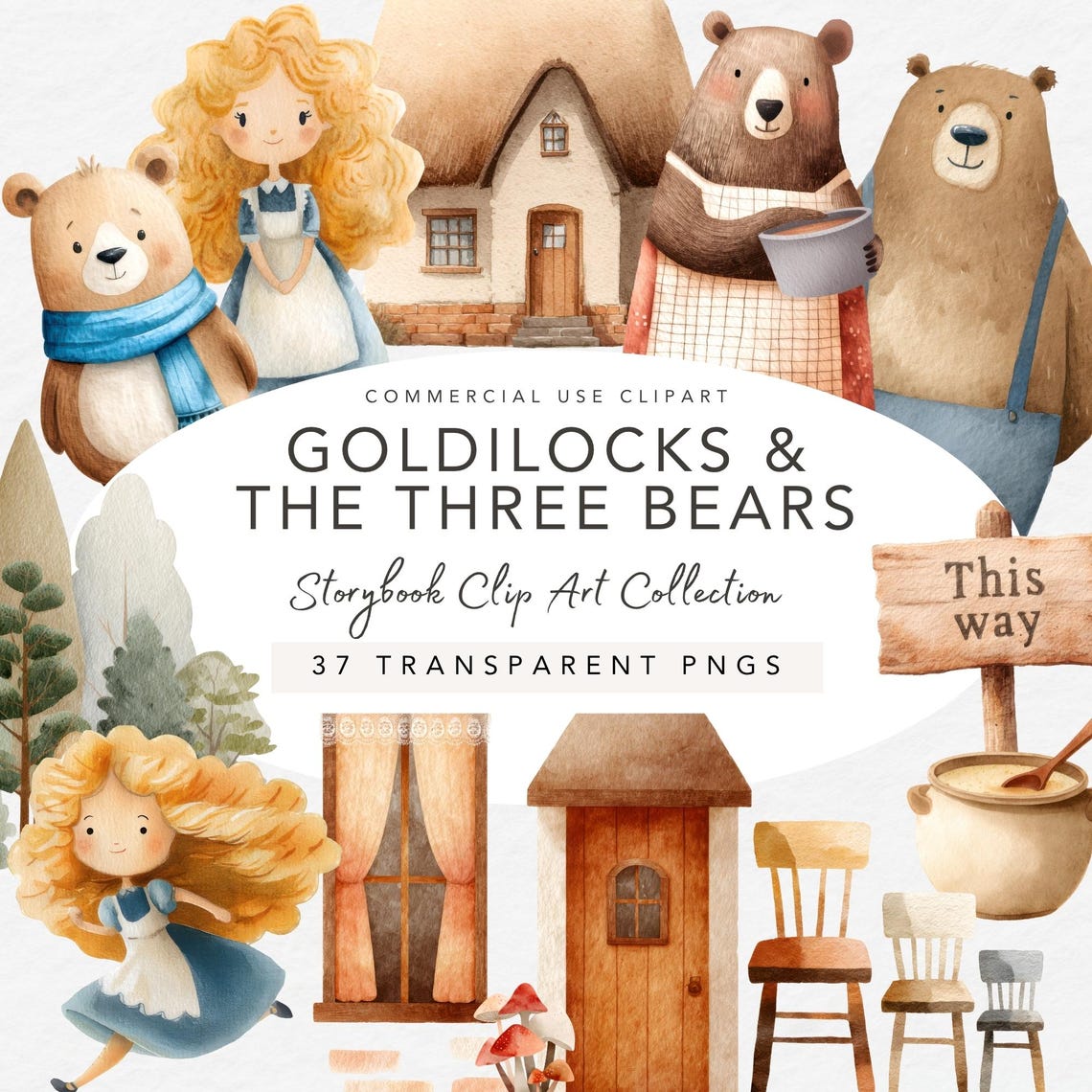 Goldilocks & the Three Bears Watercolor Clipart – Fairytale Nursery ...