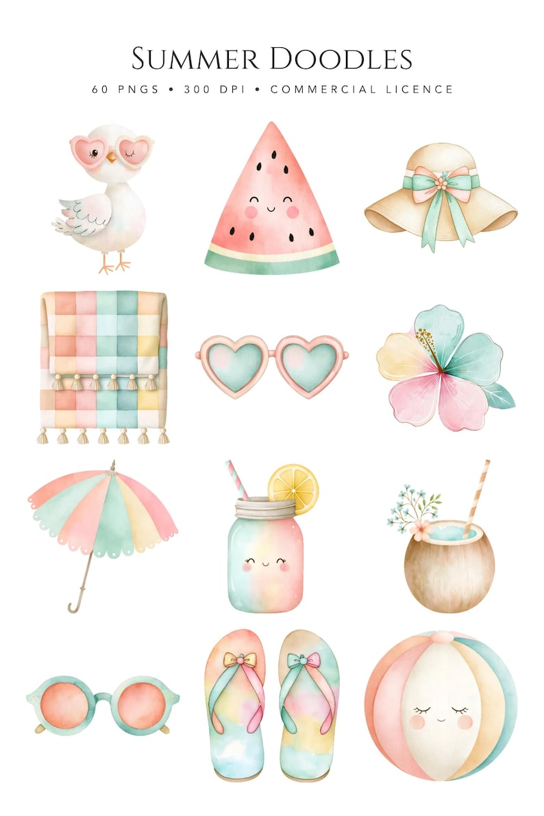 Summer Doodles Watercolor Clipart Bundle, Pastel Beach PNG, Flamingo ...