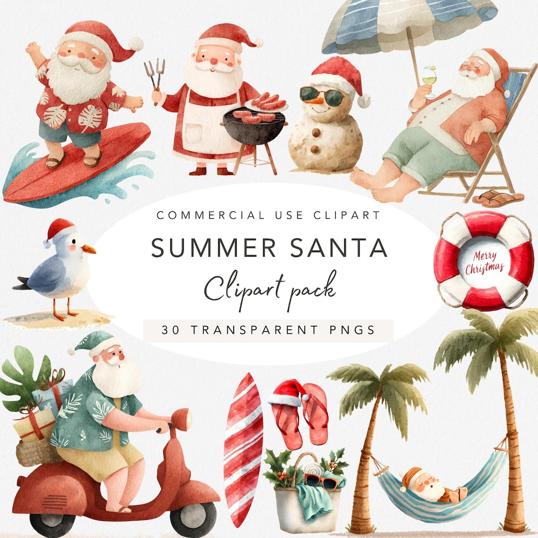Summer Santa Clipart Pack | Beach Christmas Clip Art | Tropical Santa ...