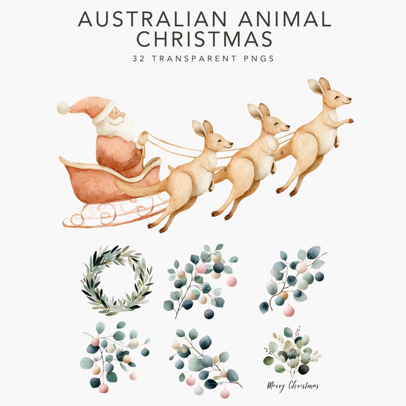 Australian Animals Christmas Clip Art Set | Watercolor Koala Kangaroo ...