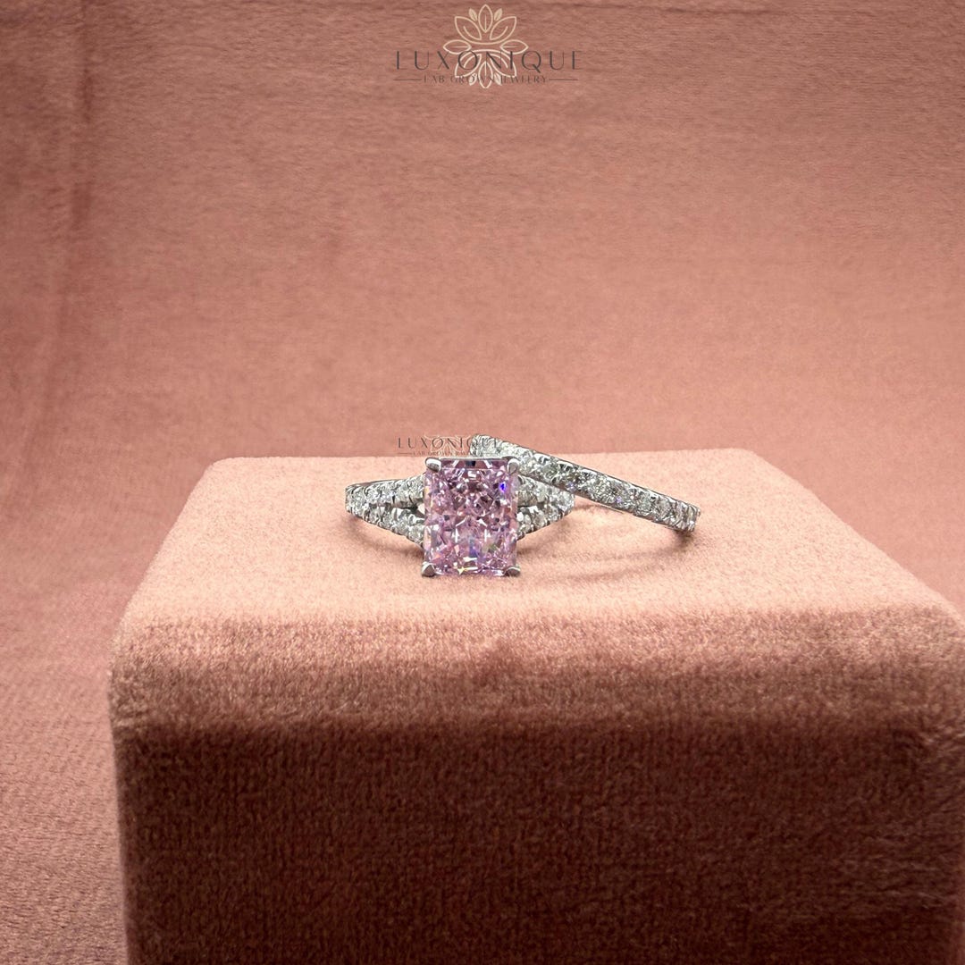 2CT Pink Radiant Lab Grown Diamond Bridal Set, Solitaire Engagement ...