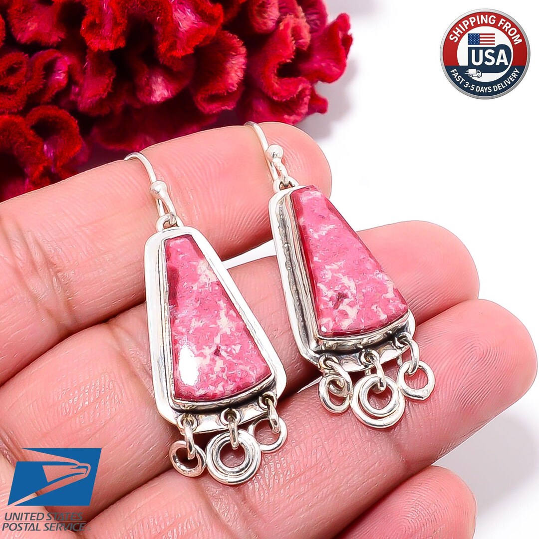 Pink Thulite Drop Dangle Earrings 925 Sterling Silver Purple Stone ...