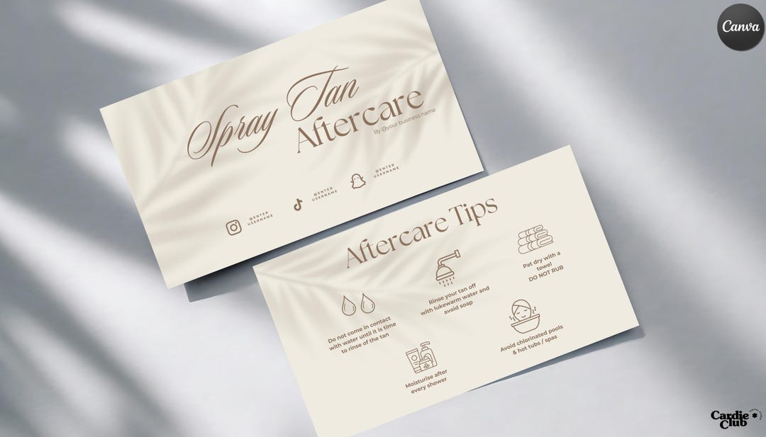 Spray Tan Aftercare Card Template | Tanning Care Card | Editable Canva ...