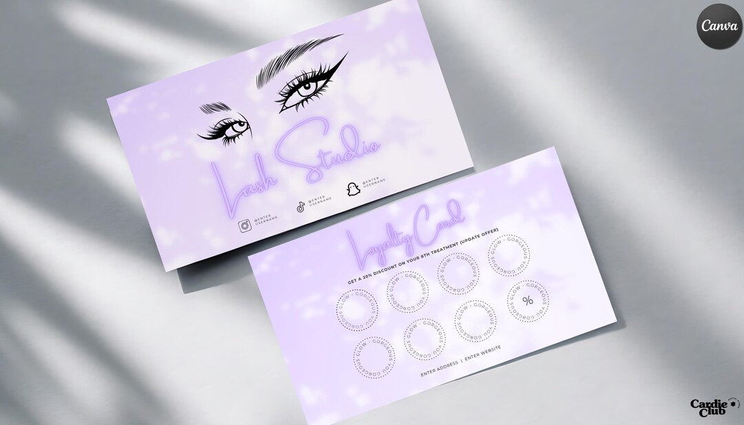Editable Lash Tech Loyalty Card Template | Soft Purple Glow Design for ...