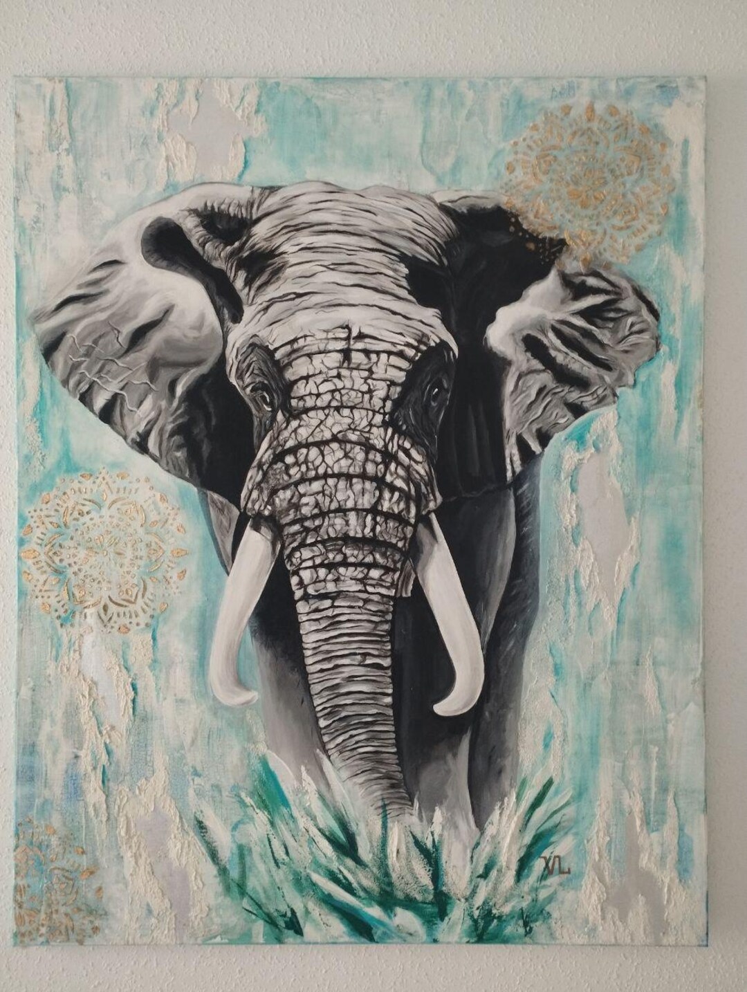 Textured Elephant Painting With Golden Mandalas: Large Symbolic Wall ...