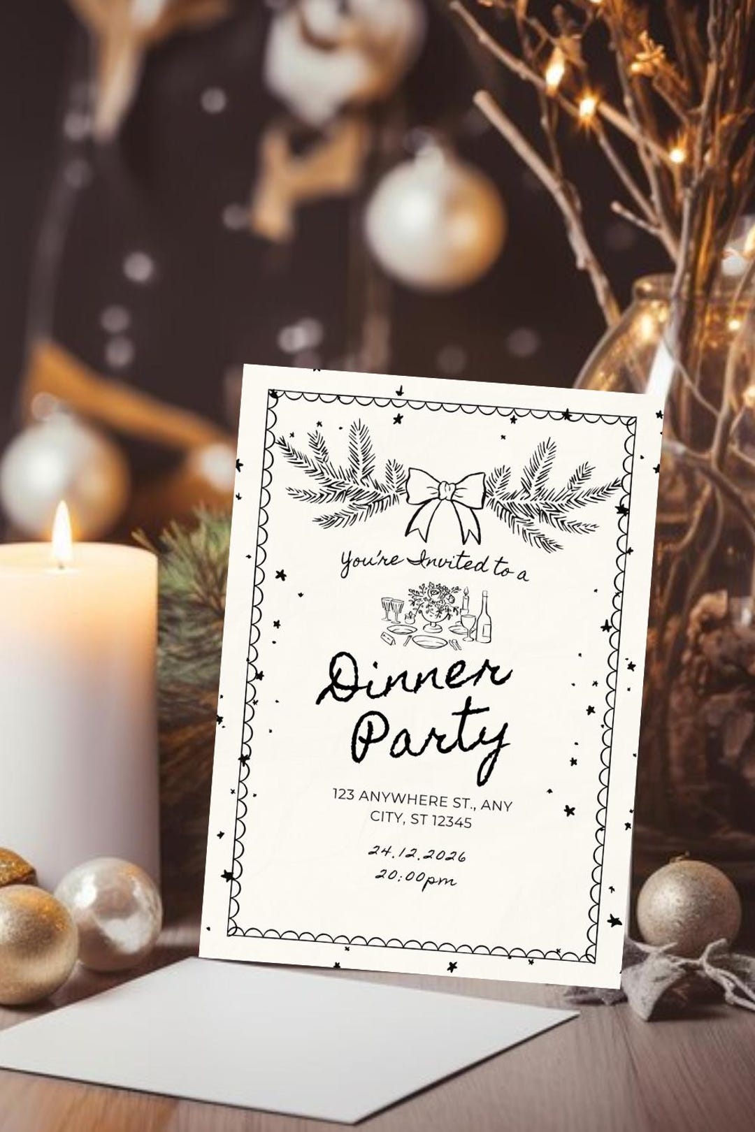 Editable Winter Christmas Dinner Party Invitation | Black Holiday ...