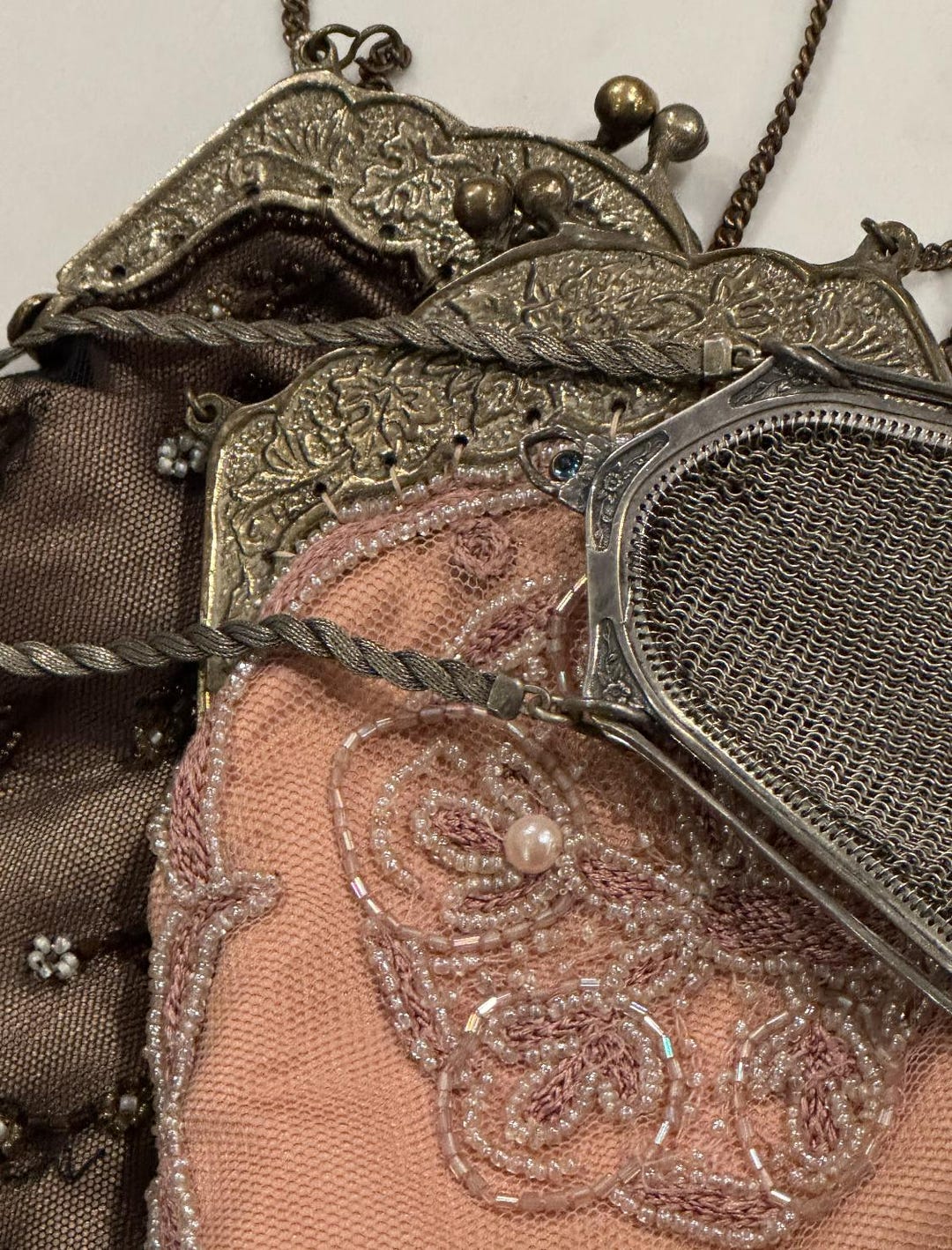Vintage Evening Purse: 1920s Metal Mesh, Beaded Lace Handbag With Brass ...