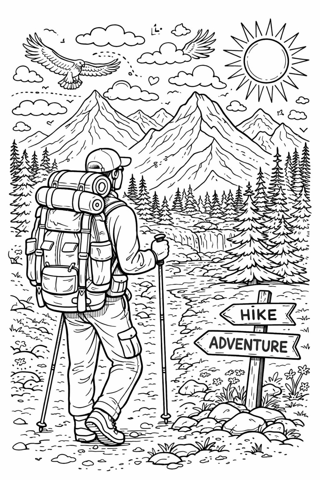Mountain Hiking Coloring Page Printable | Adventure Nature Coloring ...