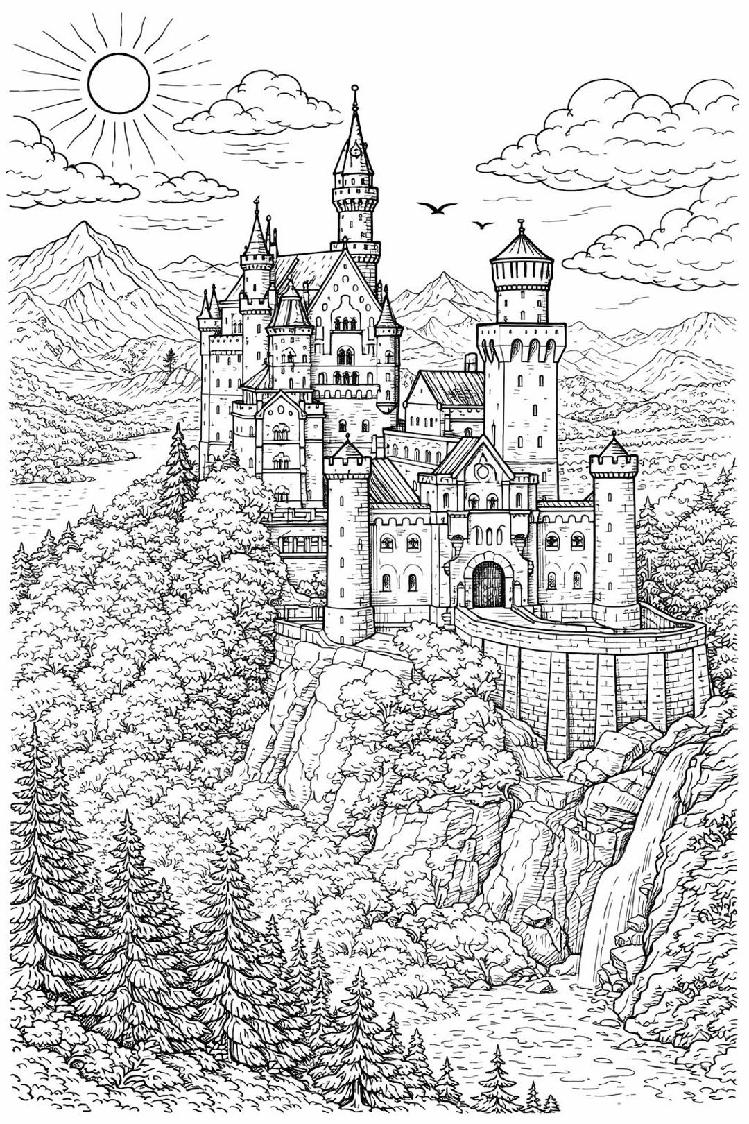 Fantasy Castle Coloring Page Printable, Medieval Kingdom Line Art ...