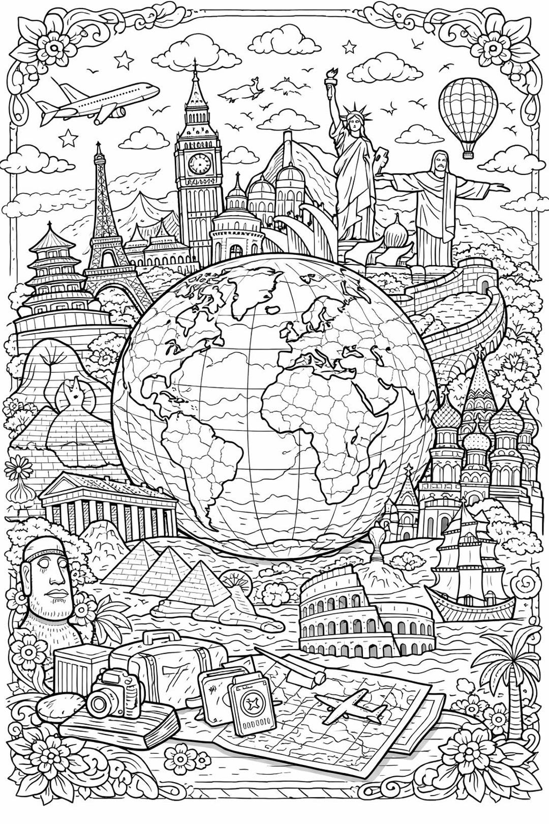 World Landmarks Coloring Page | Travel Coloring Sheet | Printable Adult ...
