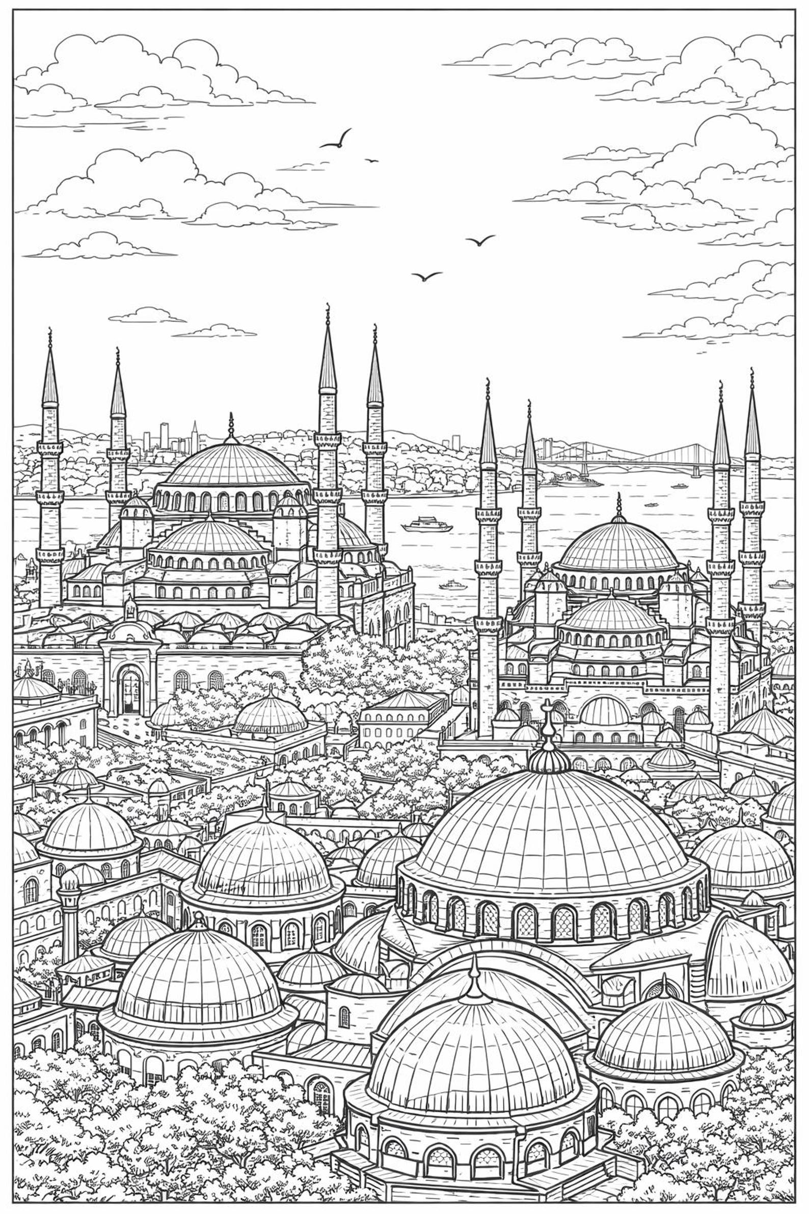 Istanbul Mosque Coloring Page Printable | Turkish Architecture Coloring ...