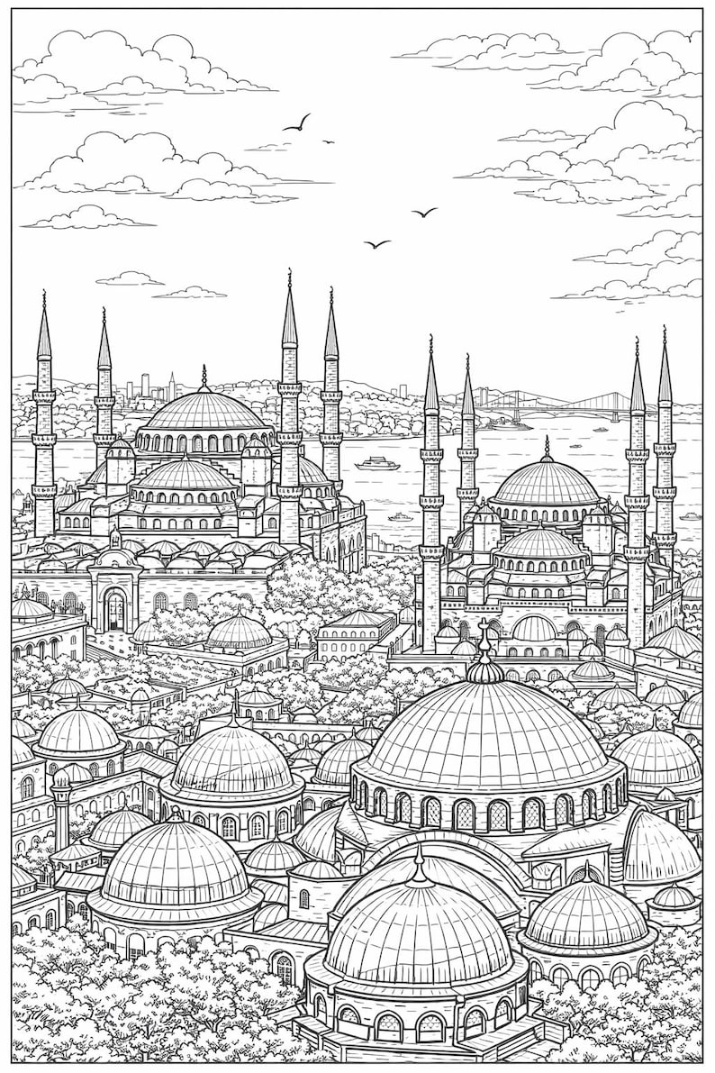 Istanbul Mosque Coloring Page Printable | Turkish Architecture Coloring ...