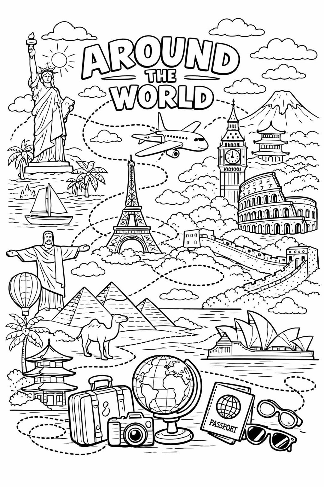 Around the World Coloring Page Printable | Travel Coloring Sheet for ...