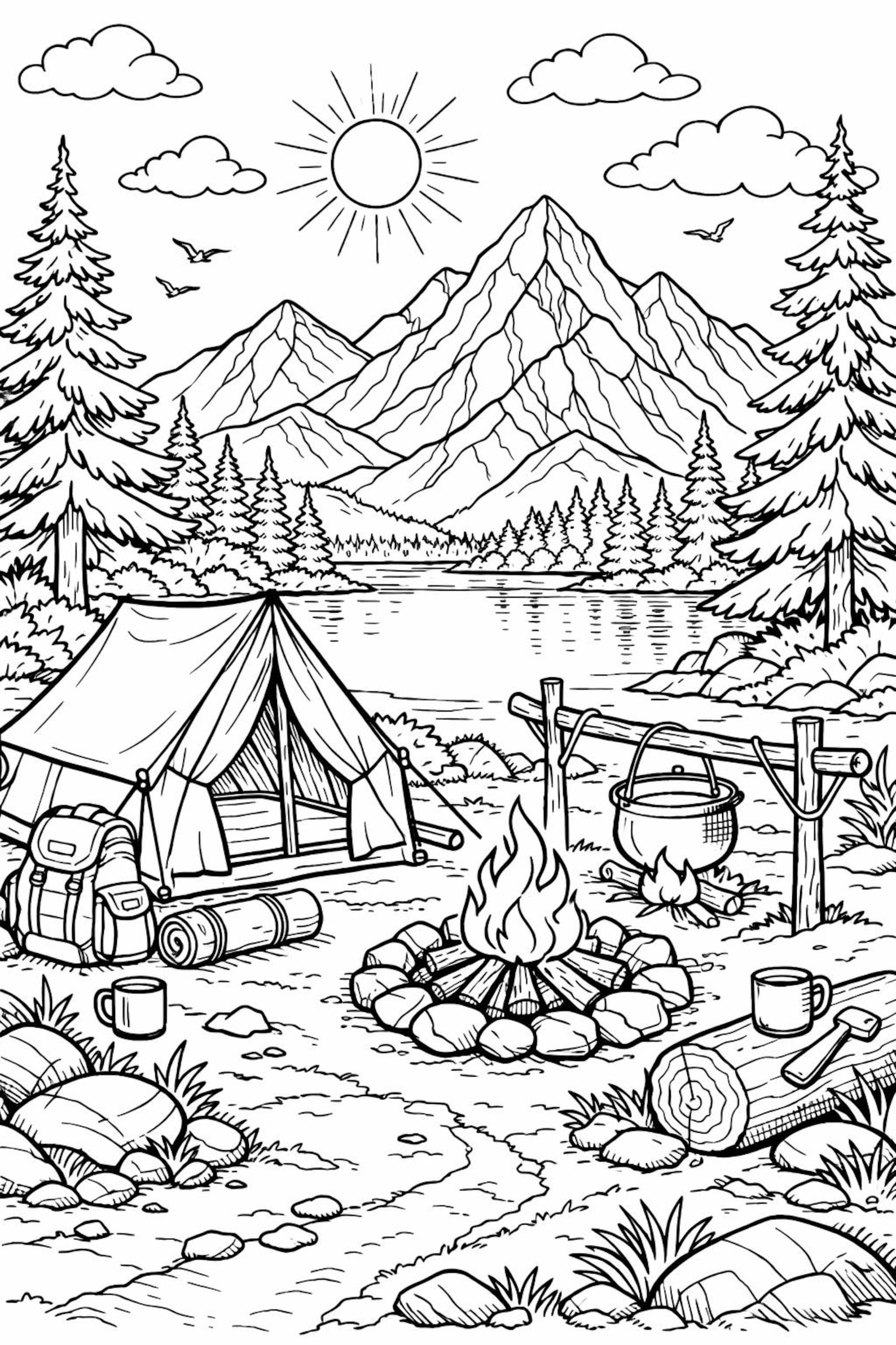 Camping Coloring Page Printable,mountain Landscape Coloring Page,nature ...