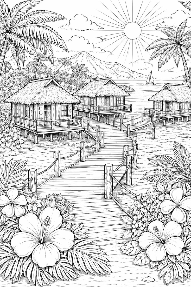 Tropical Beach Bungalow Coloring Page Printable | Island Hut Line Art ...