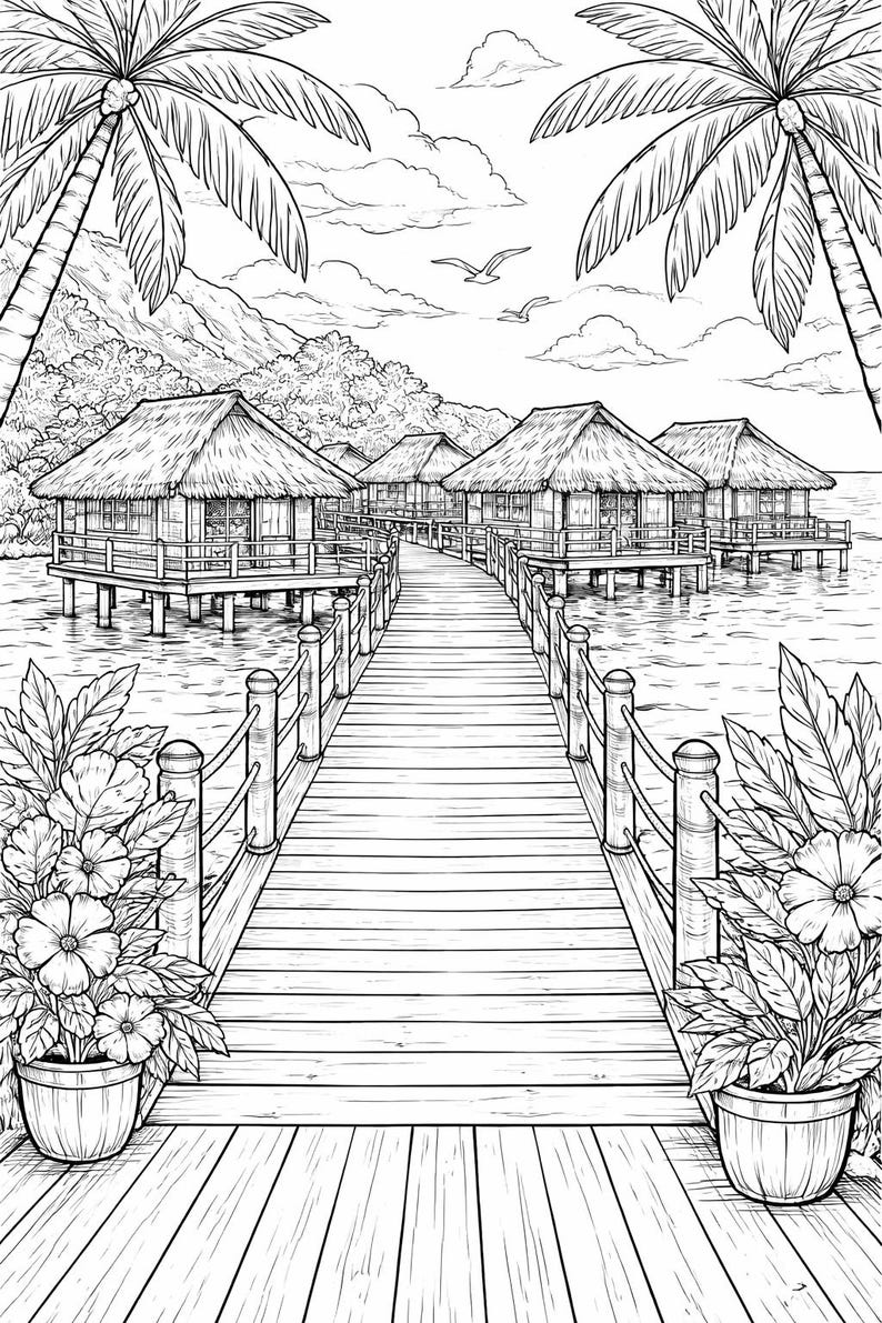 Tropical Beach Bungalow Coloring Page Printable | Overwater Hut Line ...