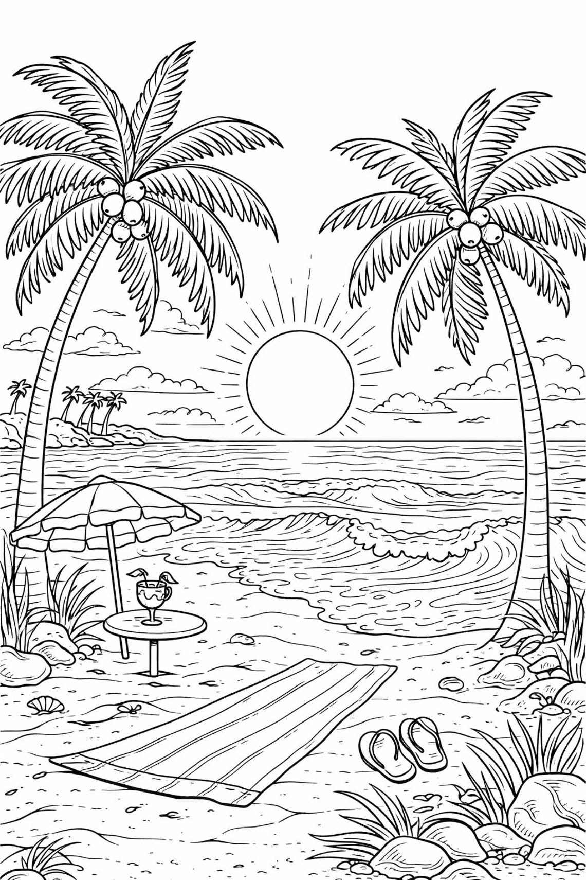 Tropical Beach Coloring Page Printable, Palm Tree Sunset Coloring Sheet ...