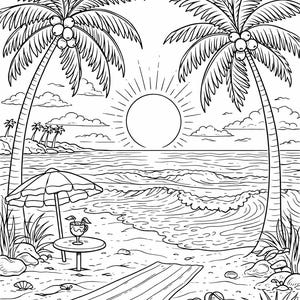 Tropical Beach Coloring Page Printable, Palm Tree Sunset Coloring Sheet ...