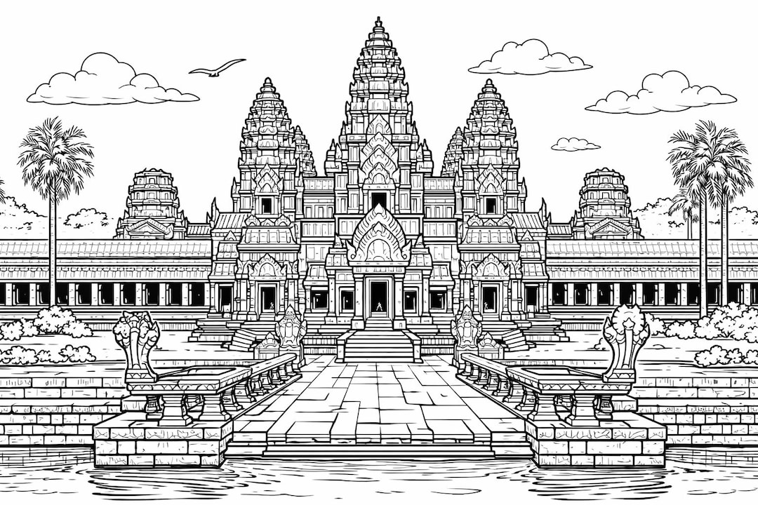 Angkor Wat Coloring Page Printable, Cambodia Temple Line Art, Adult ...