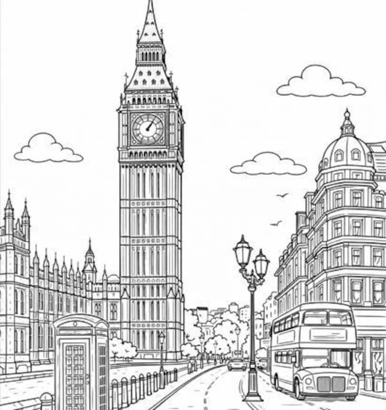 Big Ben Coloring Page Printable, London Coloring Sheet, Landmark ...