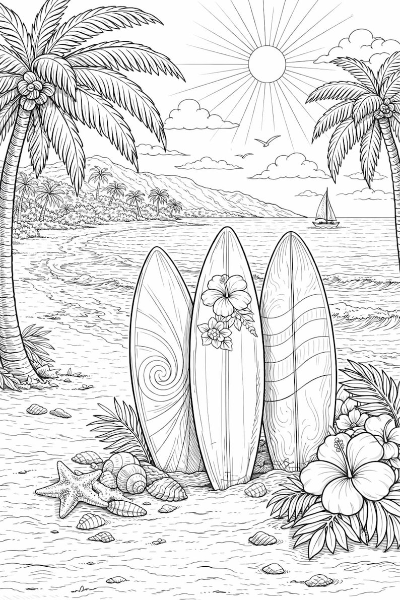 Tropical Beach Coloring Page Printable – Surfboards & Palm Trees ...