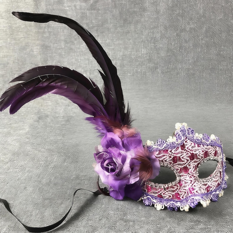 Handcrafted Feather & Flower Masquerade Mask — Venetian Style Costume ...