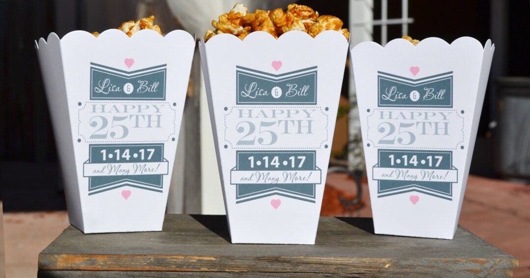 25th Silver Anniversary Party Popcorn Bar Boxes With Names and Date ...