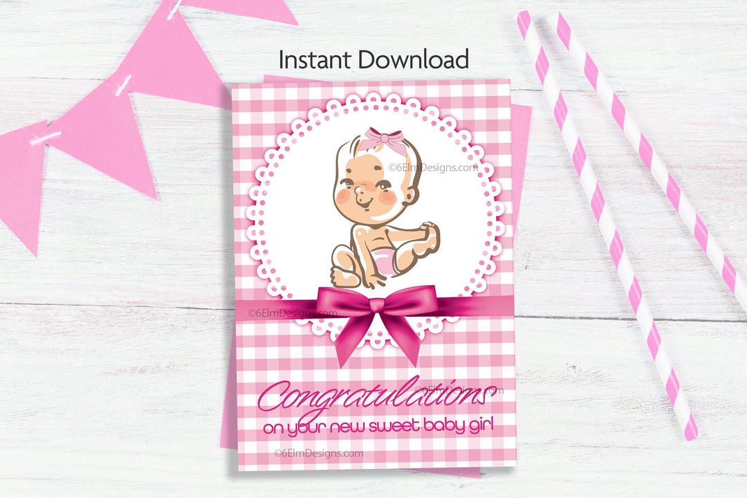 Printable Baby Girl Greeting Card Congratulations New Baby Pink Gingham ...