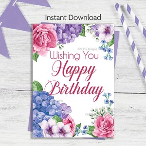 Printable Happy Birthday Flowers Instant Download Floral Birthday Card ...
