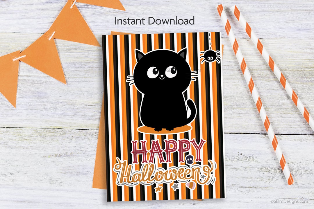 Printable Happy Halloween Kitty Greeting Card, Downloadable Halloween ...