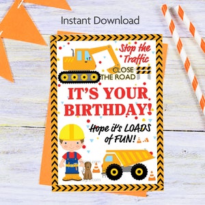 Construction Birthday Card, Instant Download, Digital Card for Little ...